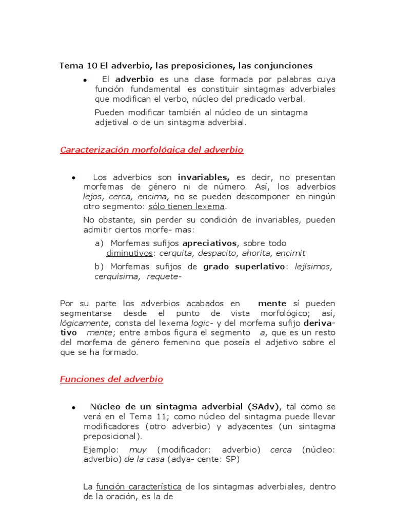 Tema 10 El Adverbio, Conjunciones Preposiciones | PDF | Adverbio | Preposición y Postposición
