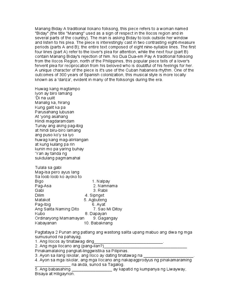 Manang Biday A Traditional Ilokano Folksong | PDF