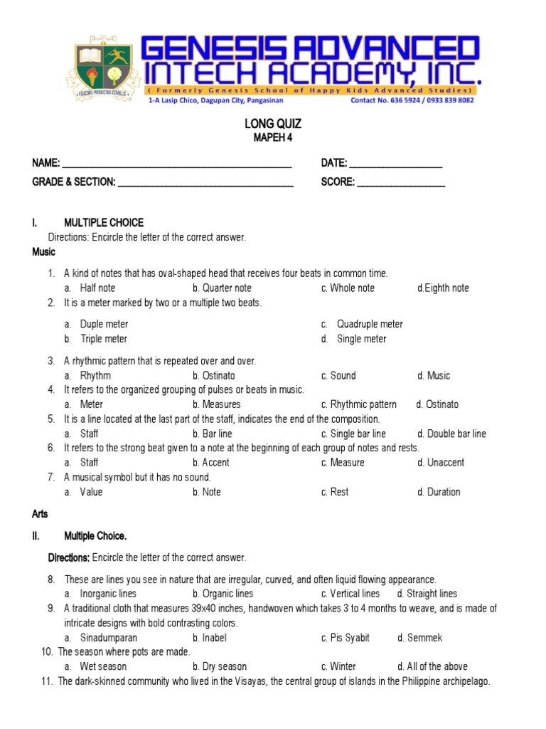 Long Quiz | PDF | Rhythm | Foods