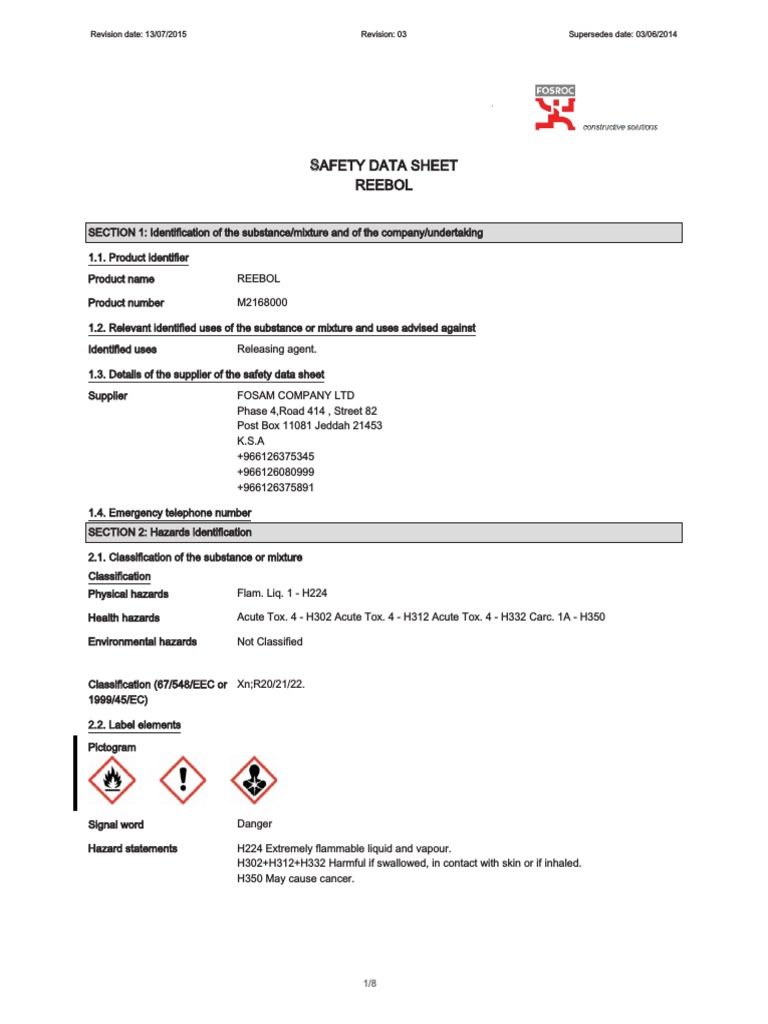 Safety Data Sheet for ReeBol: Hazardous Chemical Release Agent | PDF