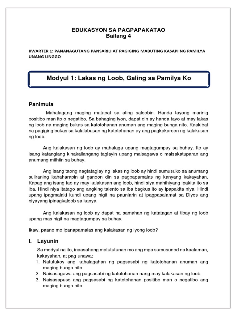 EsP 4 - Q1 - W1 - Mod1 - Lakas NG Loob Galing Sa Pamilya Ko | PDF
