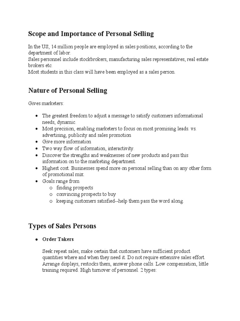 Scope and Importance of Personal Selling | PDF | Sales | Business Economics