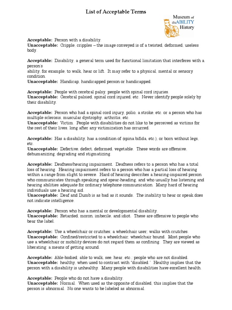 List of Acceptable Terms | PDF | Hearing Loss | Disability