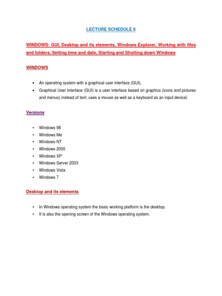 WINDOWS: GUI, Desktop and Its Elements, Windows Explorer, Working With ...