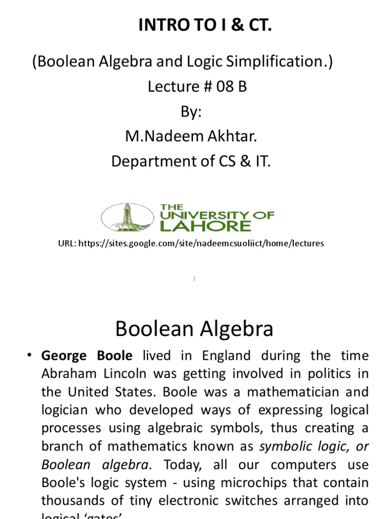 II&CT Lecture 08 B Boolean Algebra Basics | PDF | Boolean Algebra | Teaching Mathematics