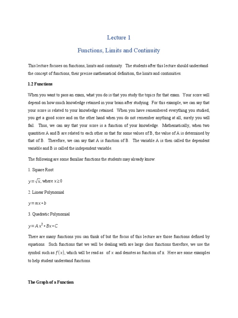 Lecture 1 Functions, Limits and Continuity | PDF | Function (Mathematics) | Variable (Mathematics)