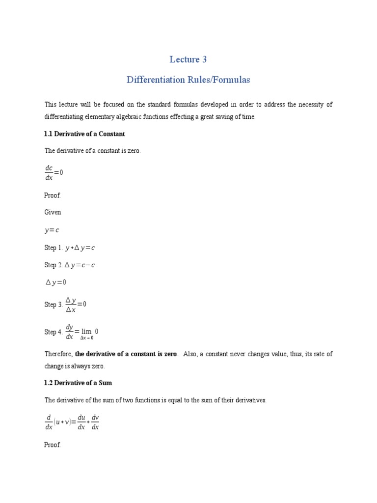 Lecture 3 Differentiation Rules-Formulas | PDF | Derivative ...