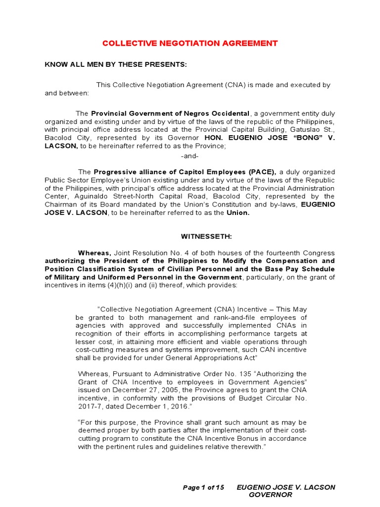 Collective Negotiation Agreement: 1 15 Eugenio Jose V. Lacson Governor ...