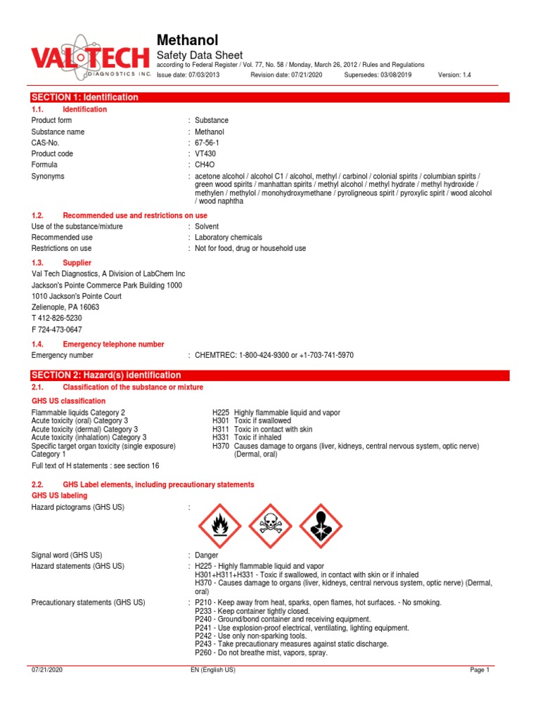 Metanol Msds | PDF | Dangerous Goods | Firefighting