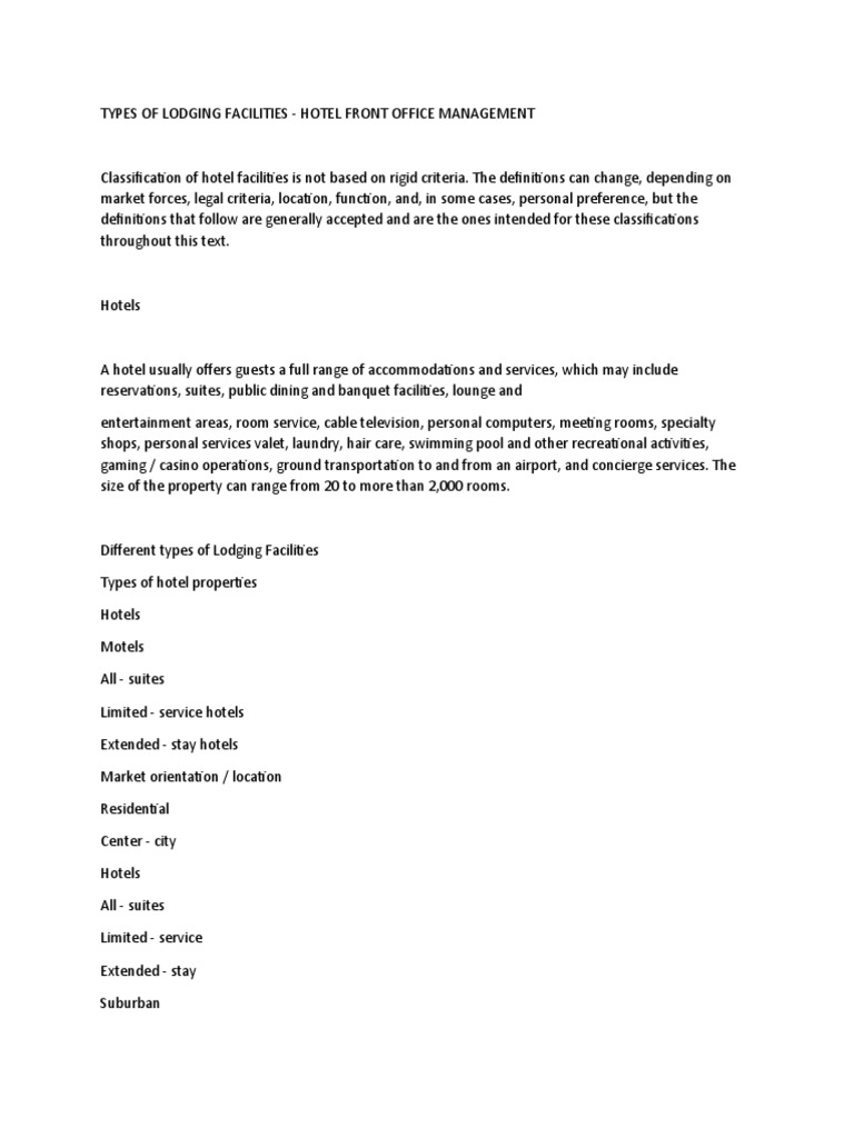 Types of Lodging Facilities Explained | PDF | Hotel | Airbnb
