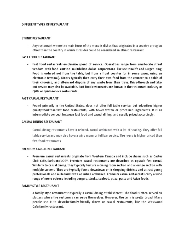 Types of Restaurants | PDF | Gastronomy | Food Retailers