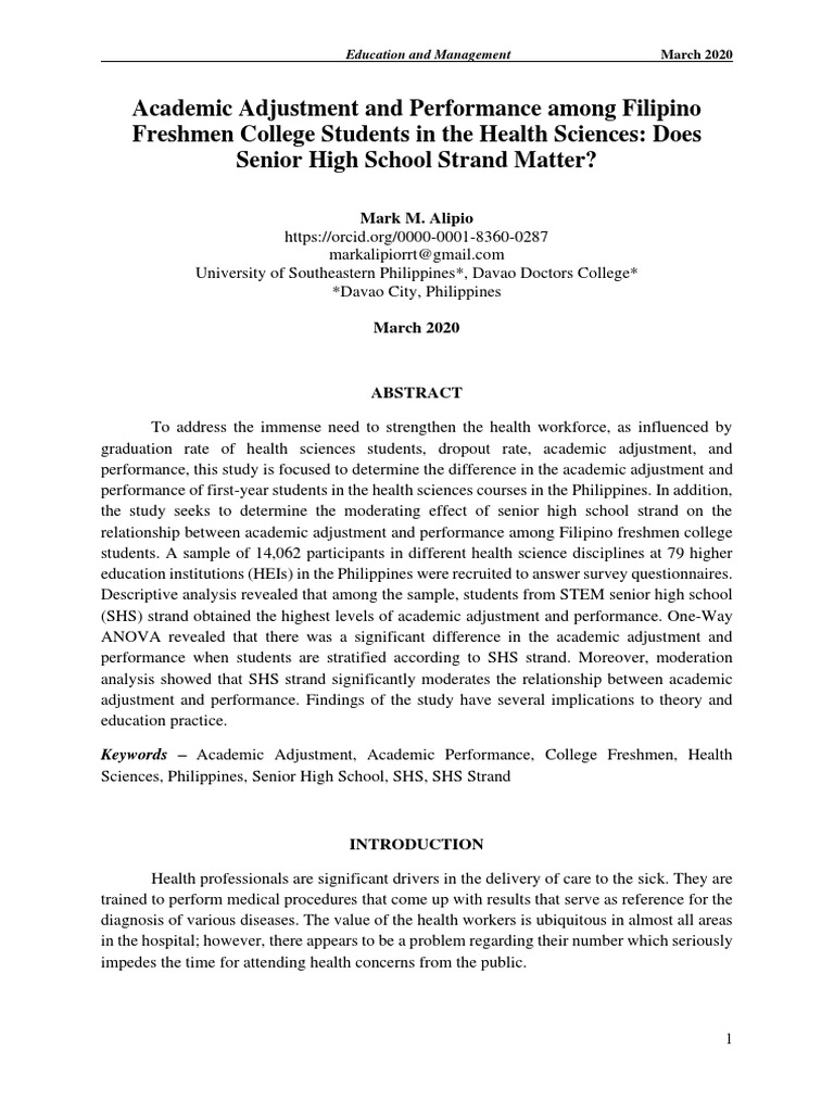 Academic Adjustment and Performance Among Filipino Freshmen College ...