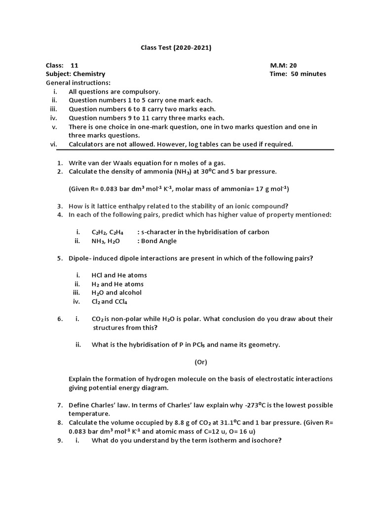 Chemistry Class Test | PDF | Intermolecular Force | Gases