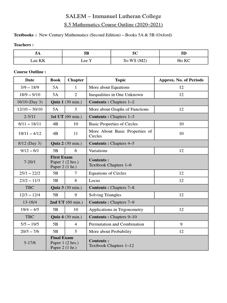 SALEM - Immanuel Lutheran College: S.5 Mathematics Course Outline (2020 ...