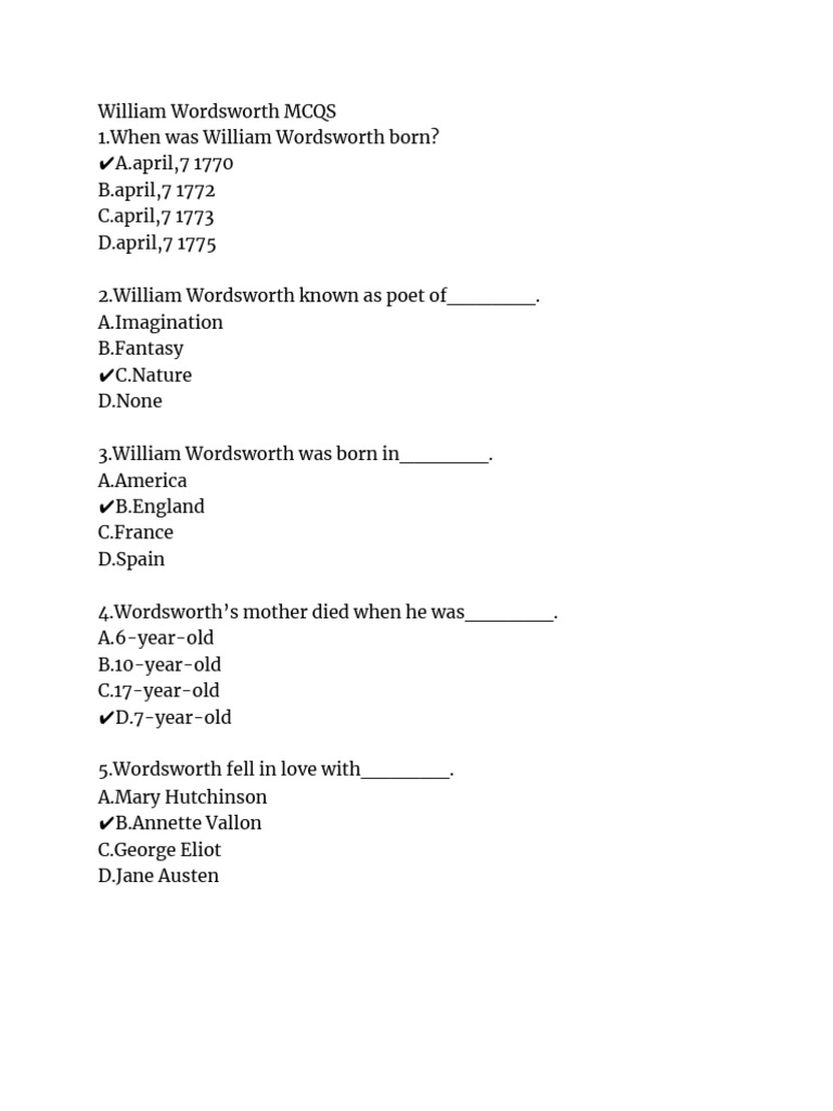 William Wordsworth MCQS | PDF | History