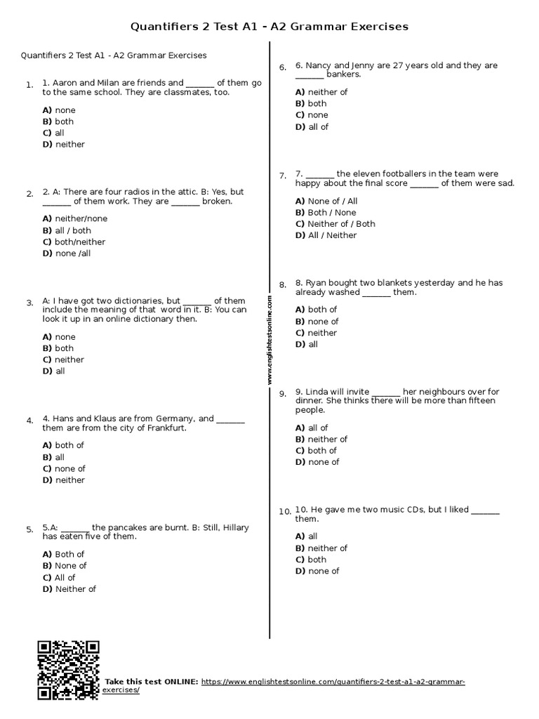Quantifiers 2 Test A1 - A2 Grammar Exercises | PDF