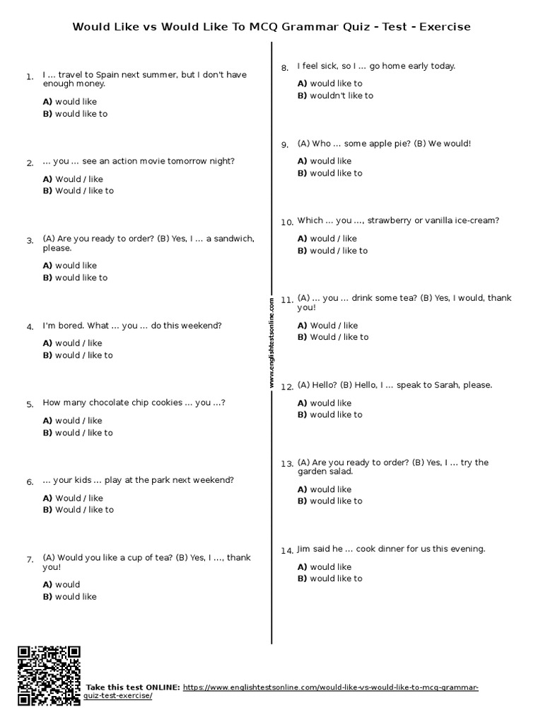 788 - Would Like Vs Would Like To MCQ Grammar Quiz Test Exercise | PDF ...