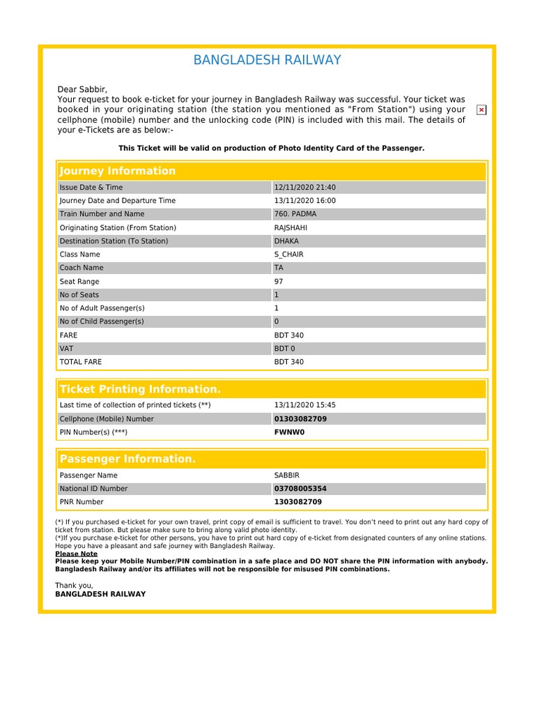 Bangladesh Railway e Ticket-1 | PDF | Ticket (Admission) | Ephemera