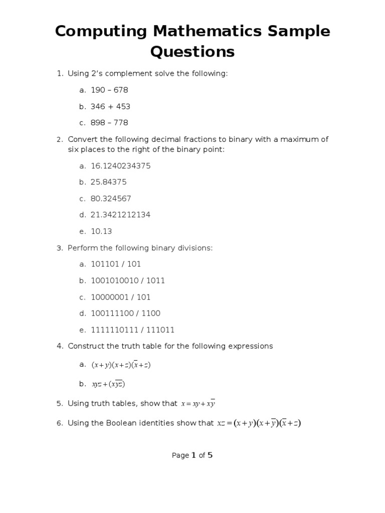 Sample Questions | Boolean Algebra | Teaching Mathematics