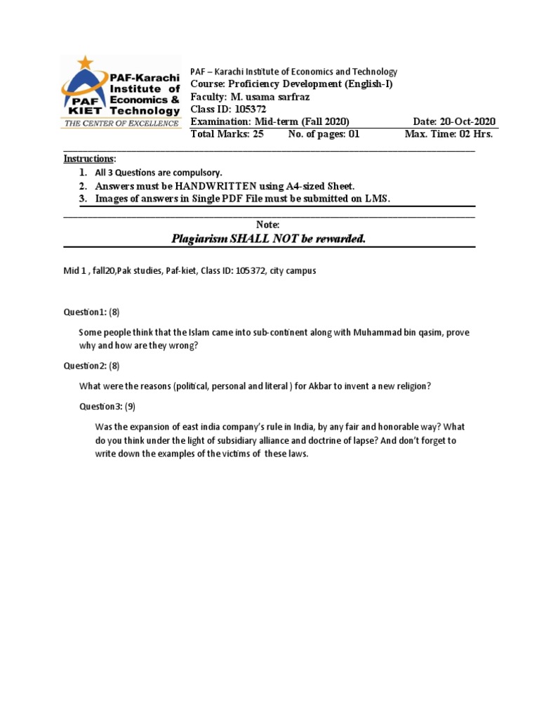 Pakistan Std. Mid Paper | PDF