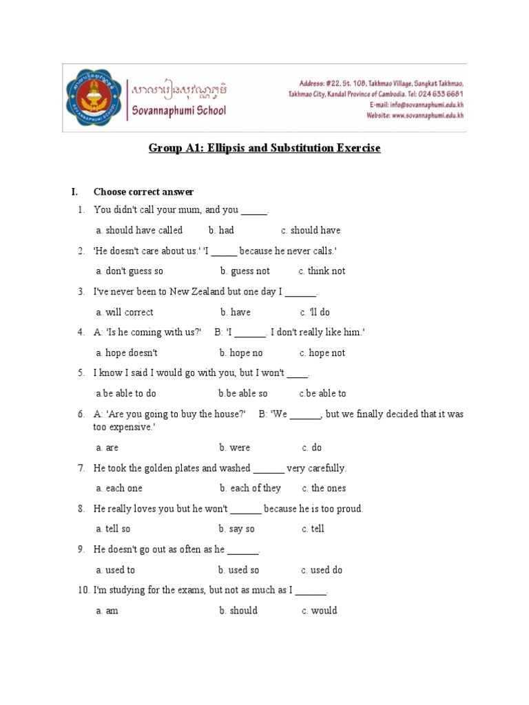 A1 - Ellipsis and Substitution Exercise | PDF