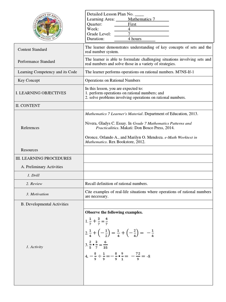 Detailed Lesson Plan No. - Learning Area: Mathematics 7 Quarter: First ...