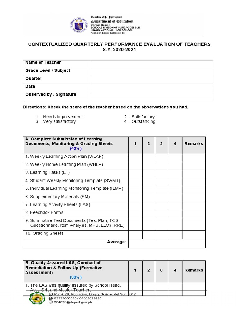 Contextualized Quarterly Performance Evaluation of Teachers S.Y. 2020 ...