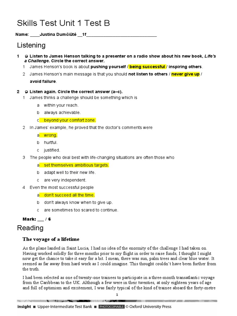 Skills Test Unit 1 Test B | PDF