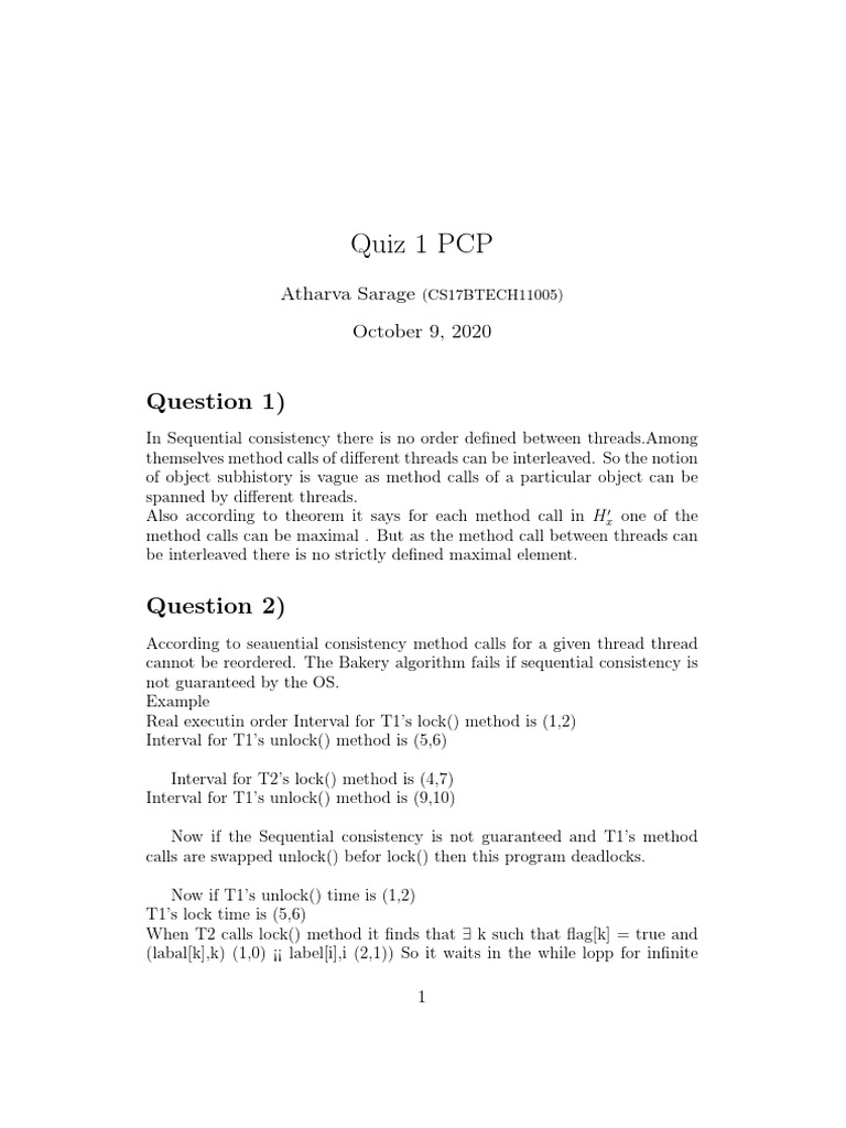 Quiz 1 PCP: Question 1) | PDF | Sequence | Concurrent Computing