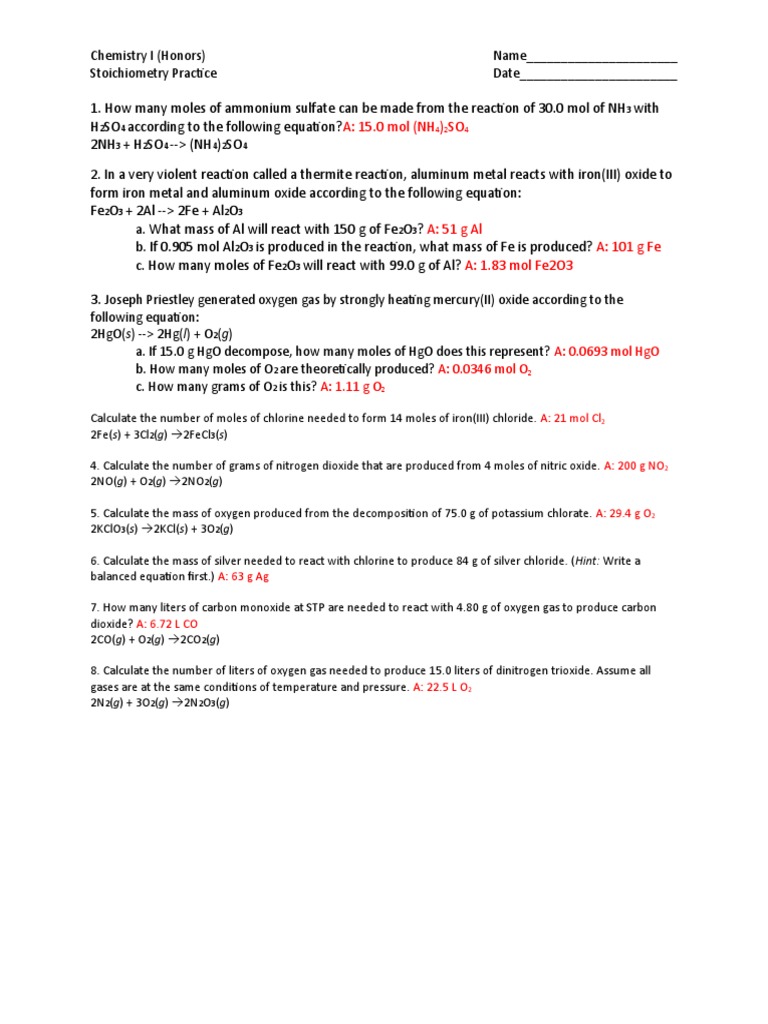 Stoichiometry Practice ANSWER KEY | PDF