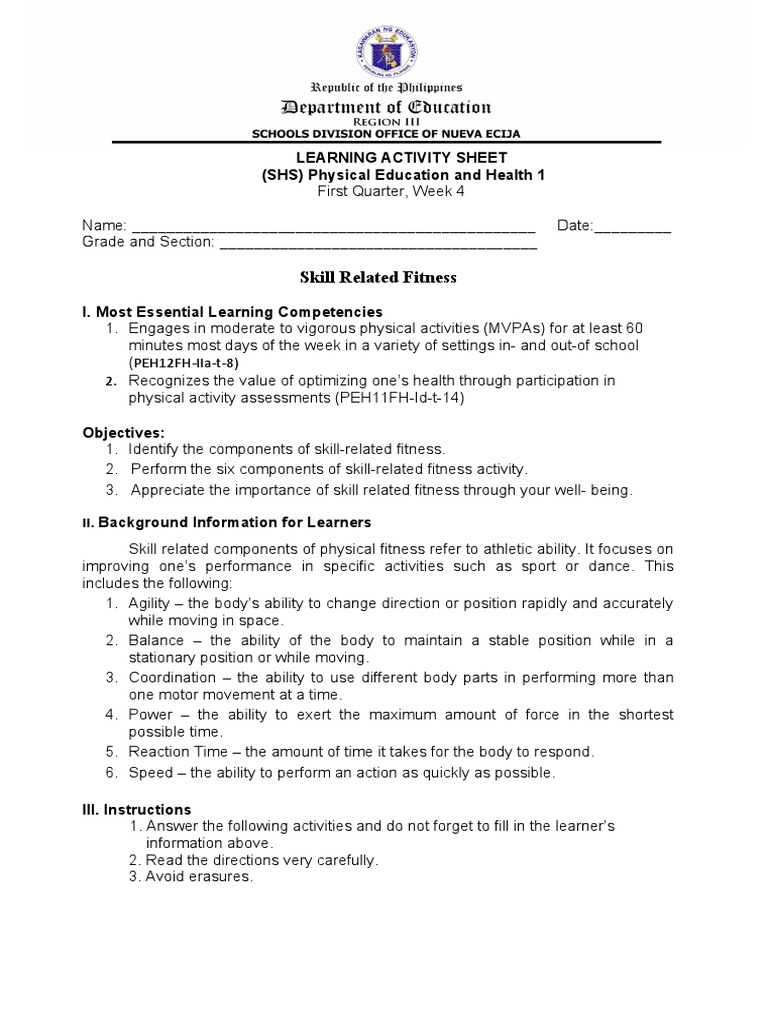 Skill Related Fitness: Learning Activity Sheet (SHS) Physical Education ...