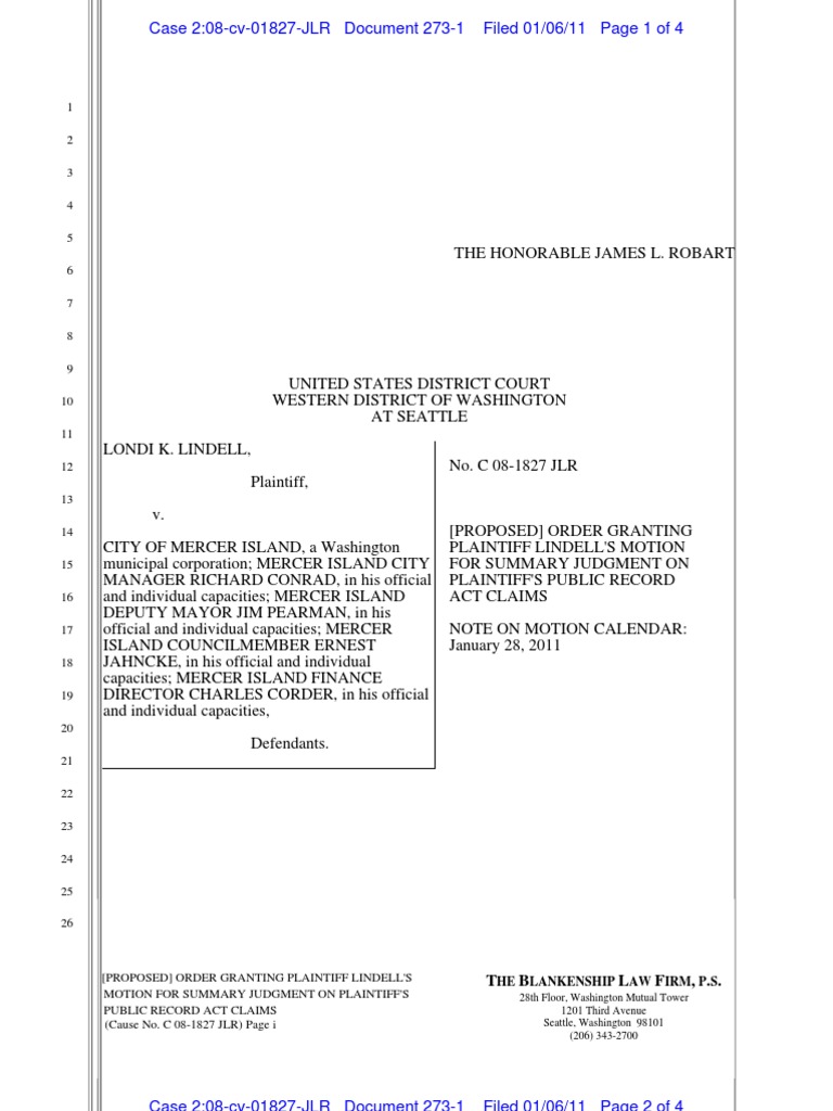 #273-1 - Proposed Order Granting Pl's Motion For SJ On Pl's Public ...