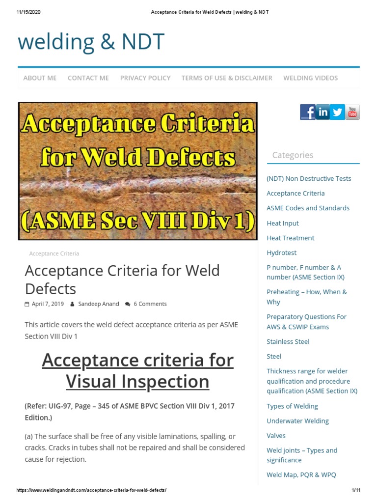 Acceptance Criteria For Weld Defects - Welding & NDT | PDF ...