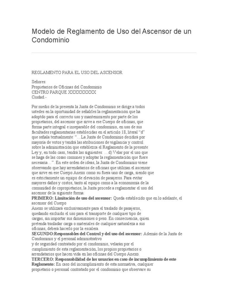 Modelo de Reglamento de Uso Del Ascensor de Un Condominio | PDF | Condominio | Regulación
