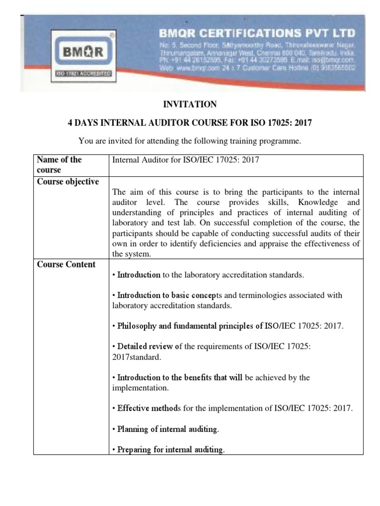 Invitation 4 Days Internal Auditor Course For Iso 17025: 2017 | PDF ...