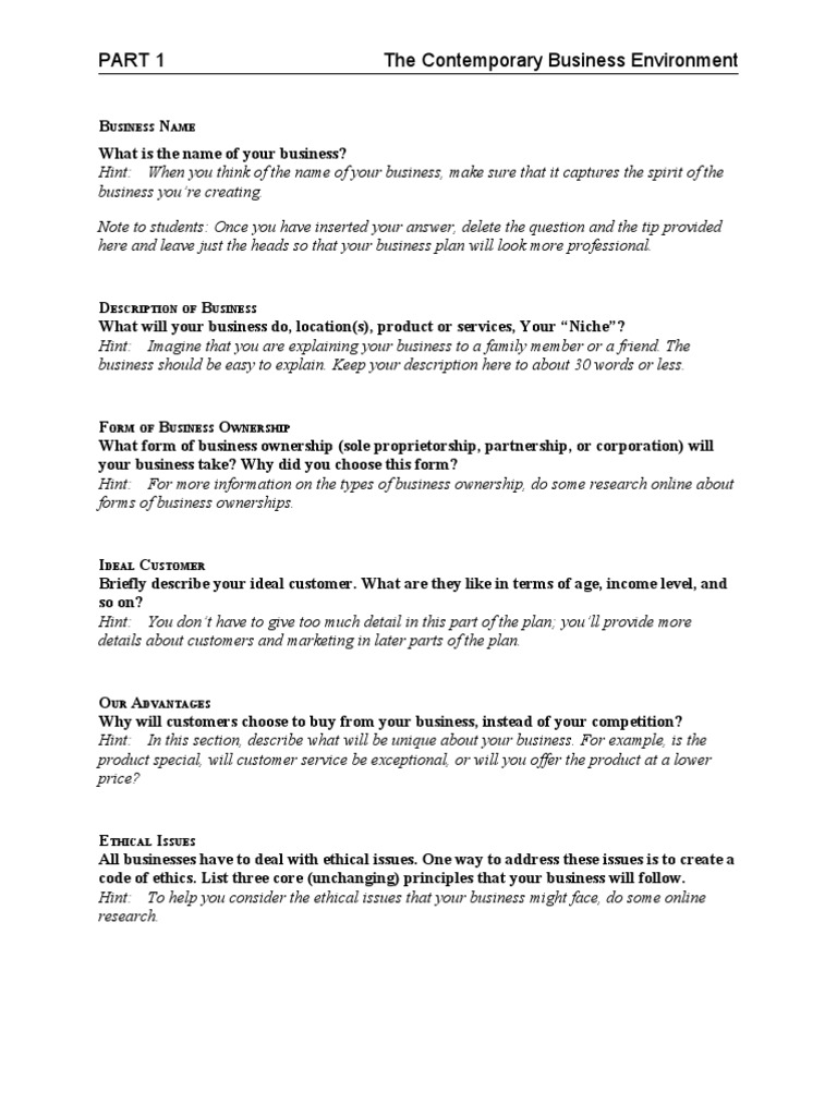 Student Business Plan Template Guide | PDF | Employment | Expense