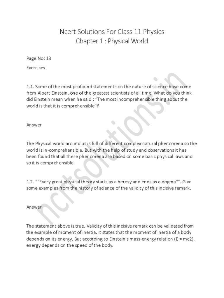 Ncert Solutions For Class 11 Physics Chapter 1 PDF | PDF | Science ...