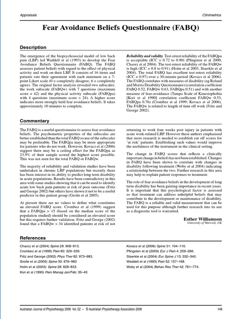 Fear Avoidance Beliefs Questionnaire (FABQ) : Description | PDF ...