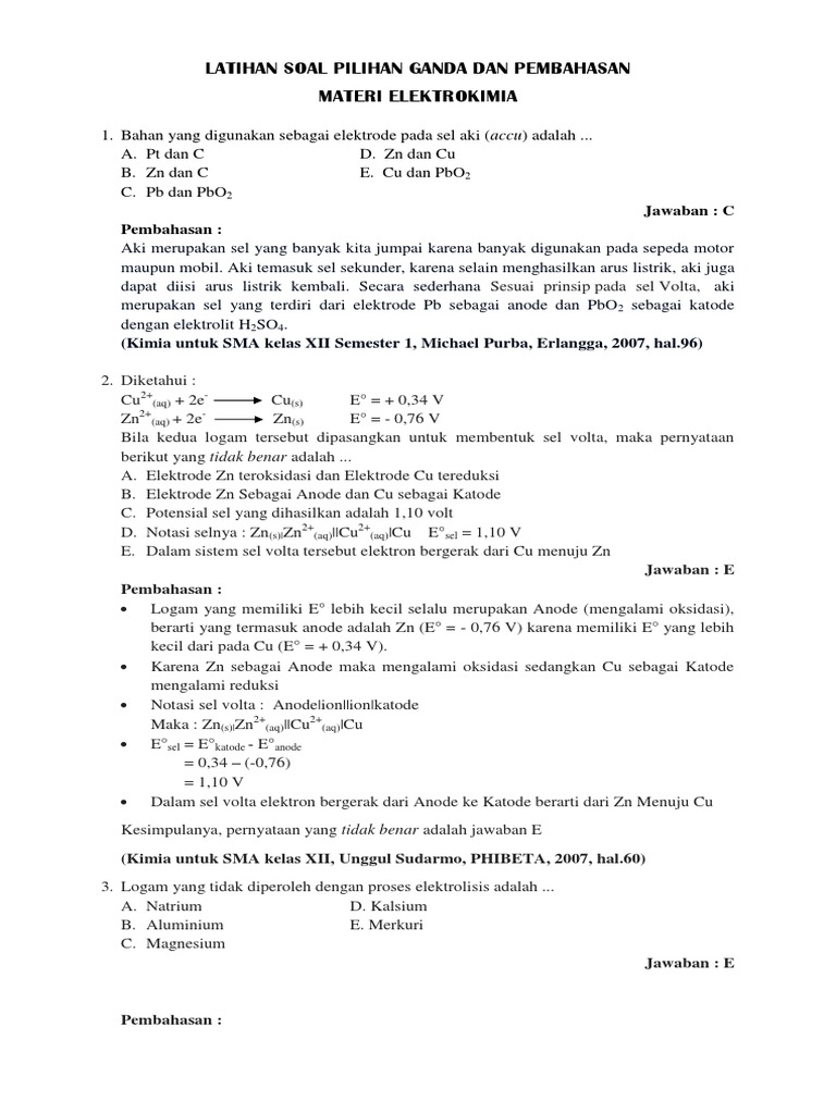 Latihan Soal Pilihan Ganda Dan Pembahasan Materi Elektrokimia | PDF | Sains & Matematika