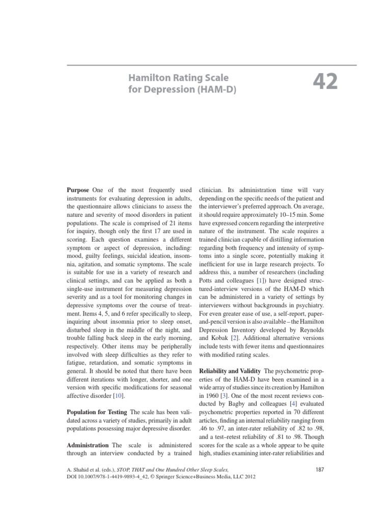 Hamilton Rating Scale For Depression (HAM-D) | PDF | Major Depressive ...