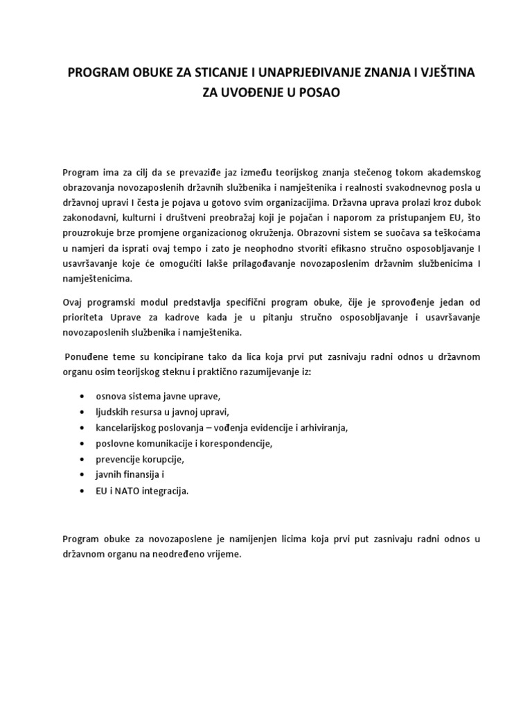 Program Obuke Za Novozaposlene PDF | PDF