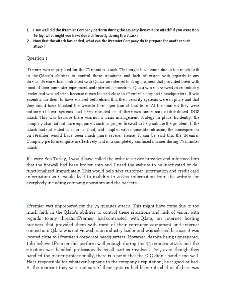 Assignment 5 - IS Failure - Case Study On The Ipremier Company (A) : Distributed Denial Service ...