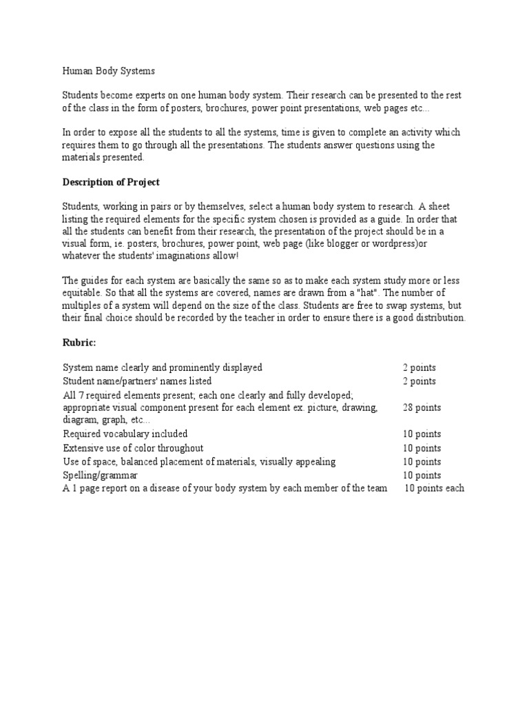 7th Grade Human Body Systems Project | PDF | Kidney | Nervous System