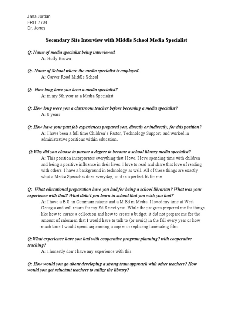 Secondary Site Interview With Middle School Media Specialist | PDF ...