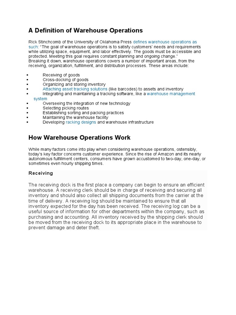 A Definition of Warehouse Operations | PDF