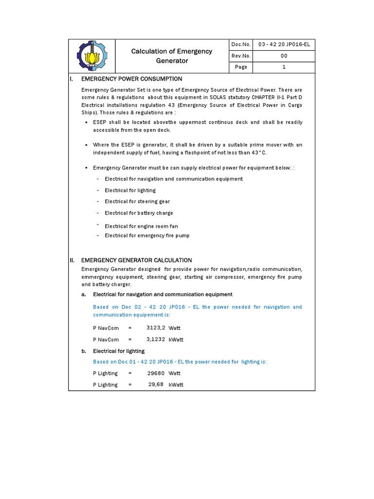 Calculation Of Emergency Generator I Emergency Power Consumption