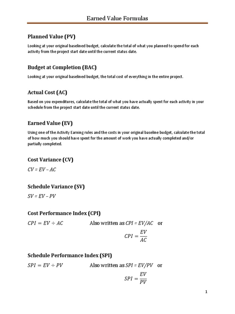 Earned Value Formulas | PDF