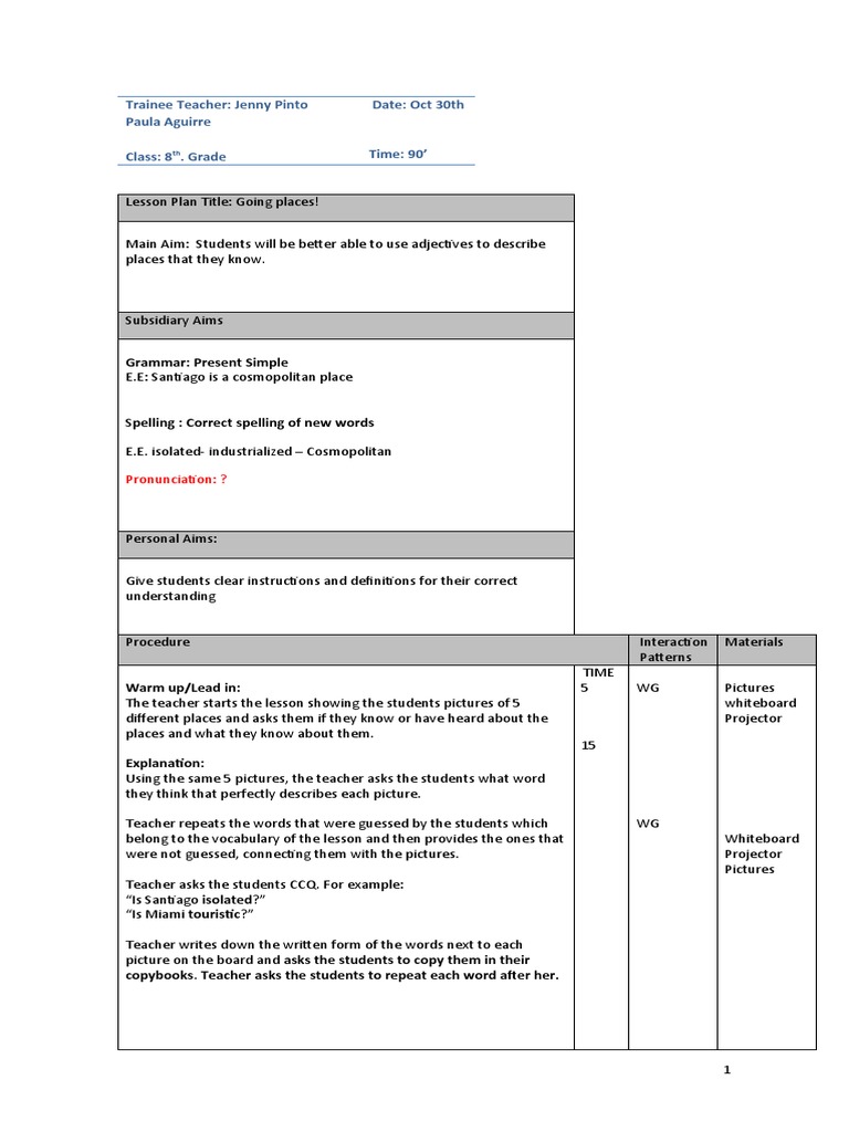 Lesson Plan: Describing Places with Adjectives | PDF | Vocabulary ...