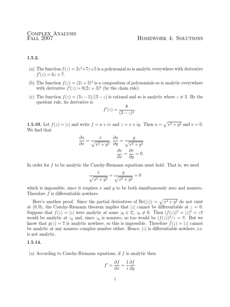 Complex Analysis Fall 2007 Homework 4: Solutions | PDF | Derivative ...