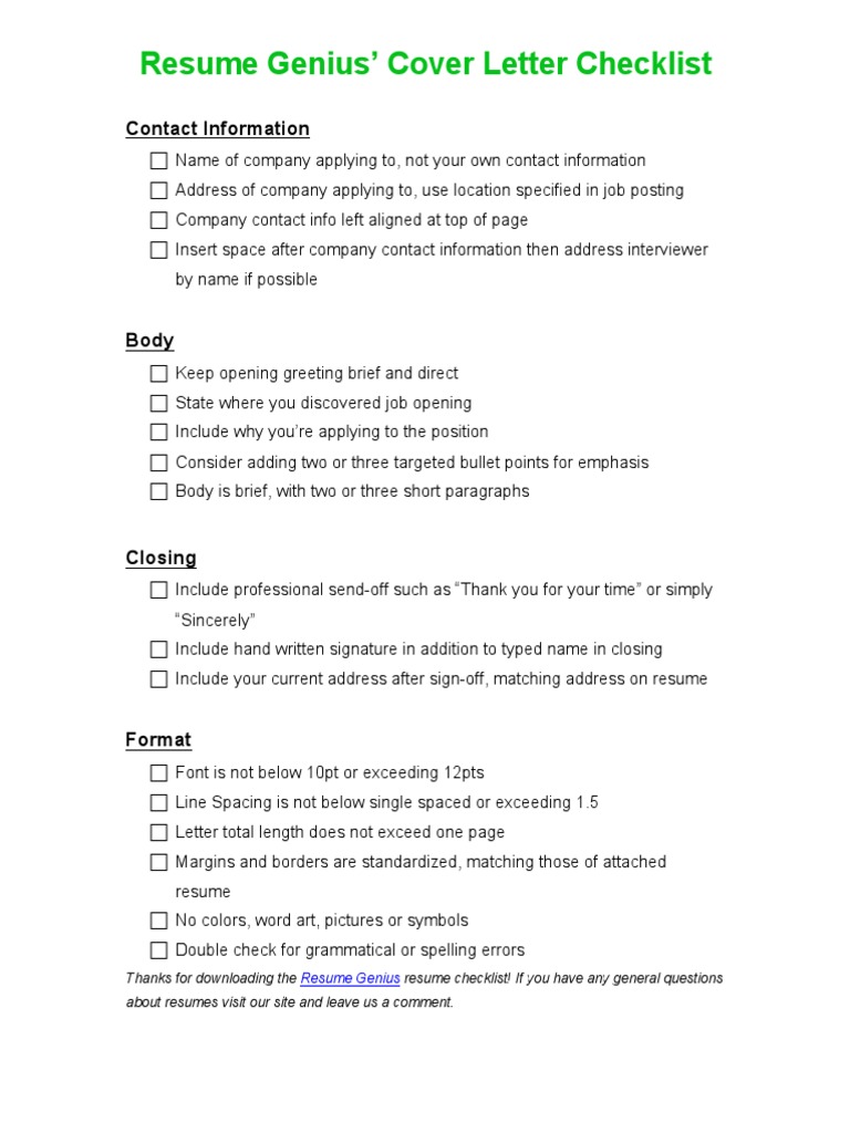 Resume Genius' Cover Letter Checklist PDF | PDF | Text | Writing